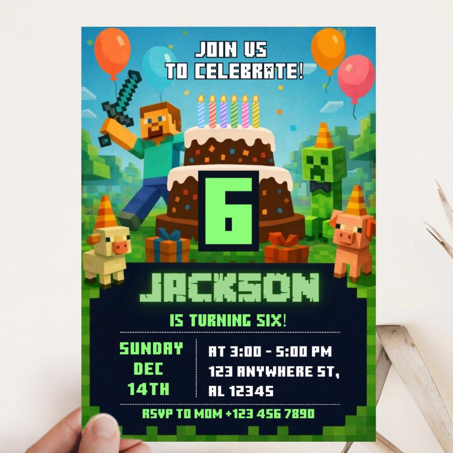 Pixel Block Birthday Party Invitation Template, Minecraffterr Boys ...