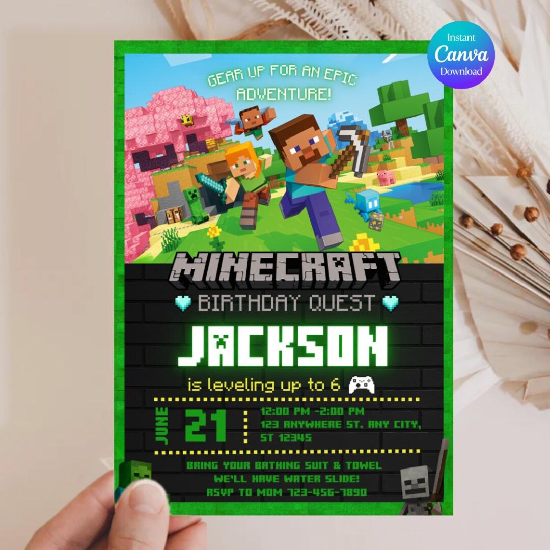 Editable Pixel Block Birthday Party Invitation Template | Crafter Boys ...