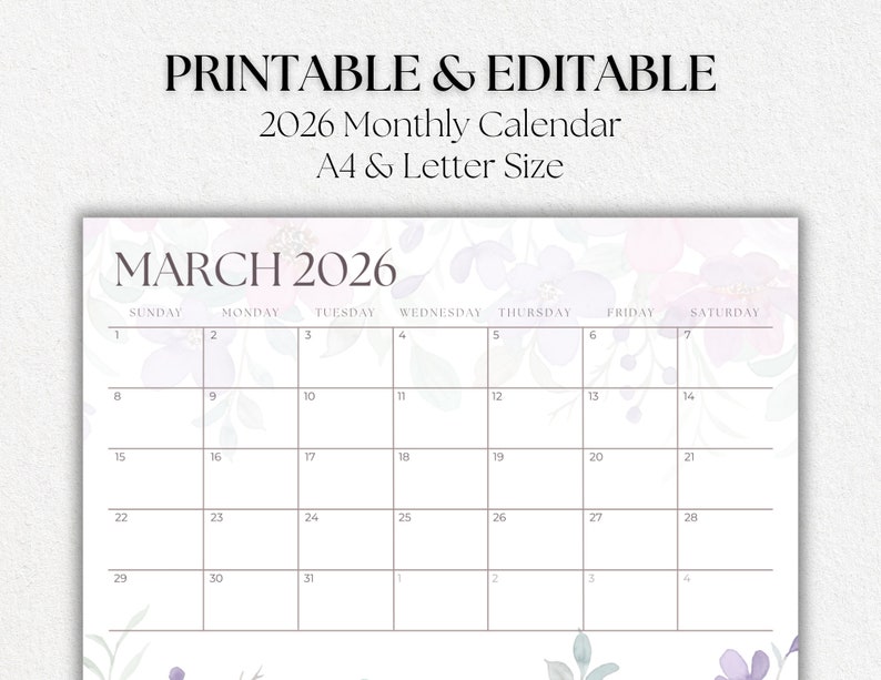 2026 Botanical Monthly Calendar: A4, US Letter (editable Printable PDF ...