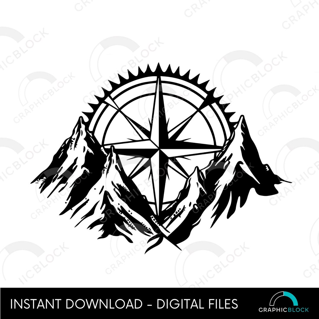 Mountain Scene SVG, Compass Mountain Hiking Cut File for Silhouette ...