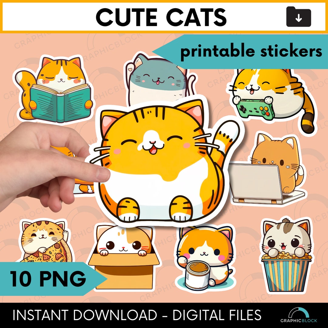Cute Cats PNG Stickers, Printable Kawaii Cat PNG Pack, Funny Kitten ...