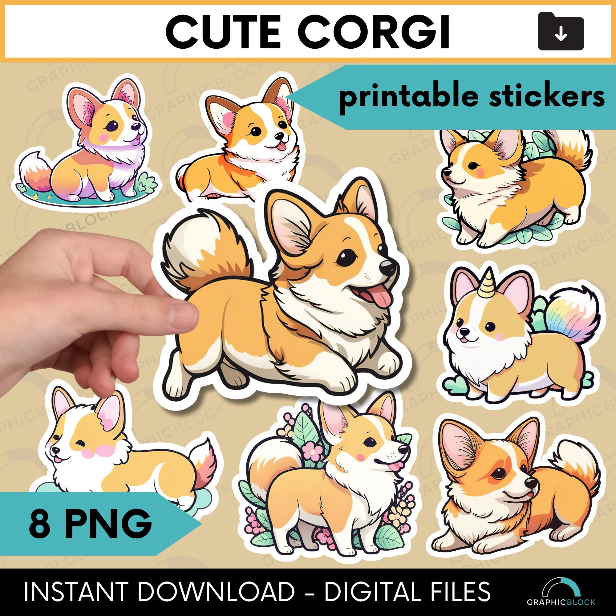 Cute Corgi PNG Sticker Bundle, Kawaii Corgi Printable Stickers Download ...