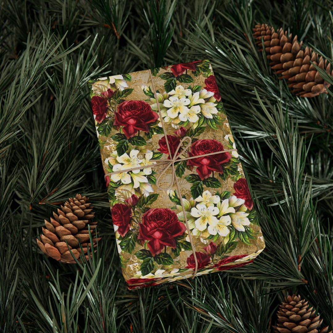 Vintage Red Rose Wrapping Paper, Floral Print Gift Wrap, Elegant ...