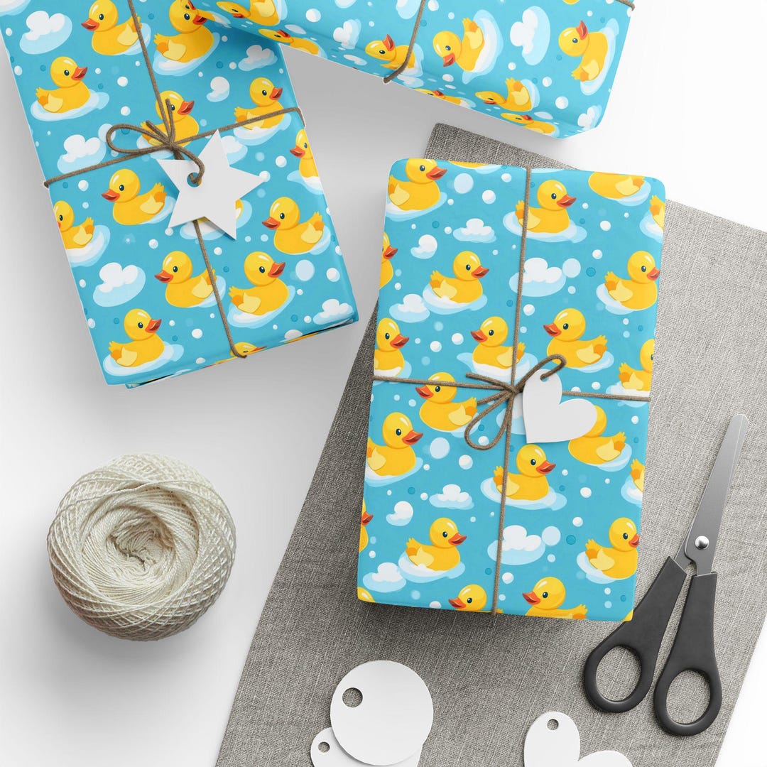 Yellow Rubber Duck Wrapping Paper, Yellow Ducks on Blue, Duckling Baby ...