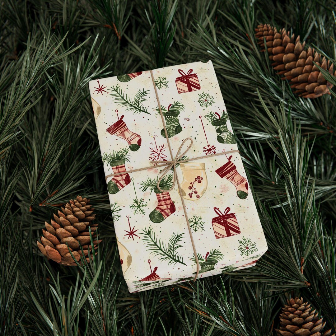 Vintage Christmas Wrapping Paper: Rustic Stocking Design - Etsy