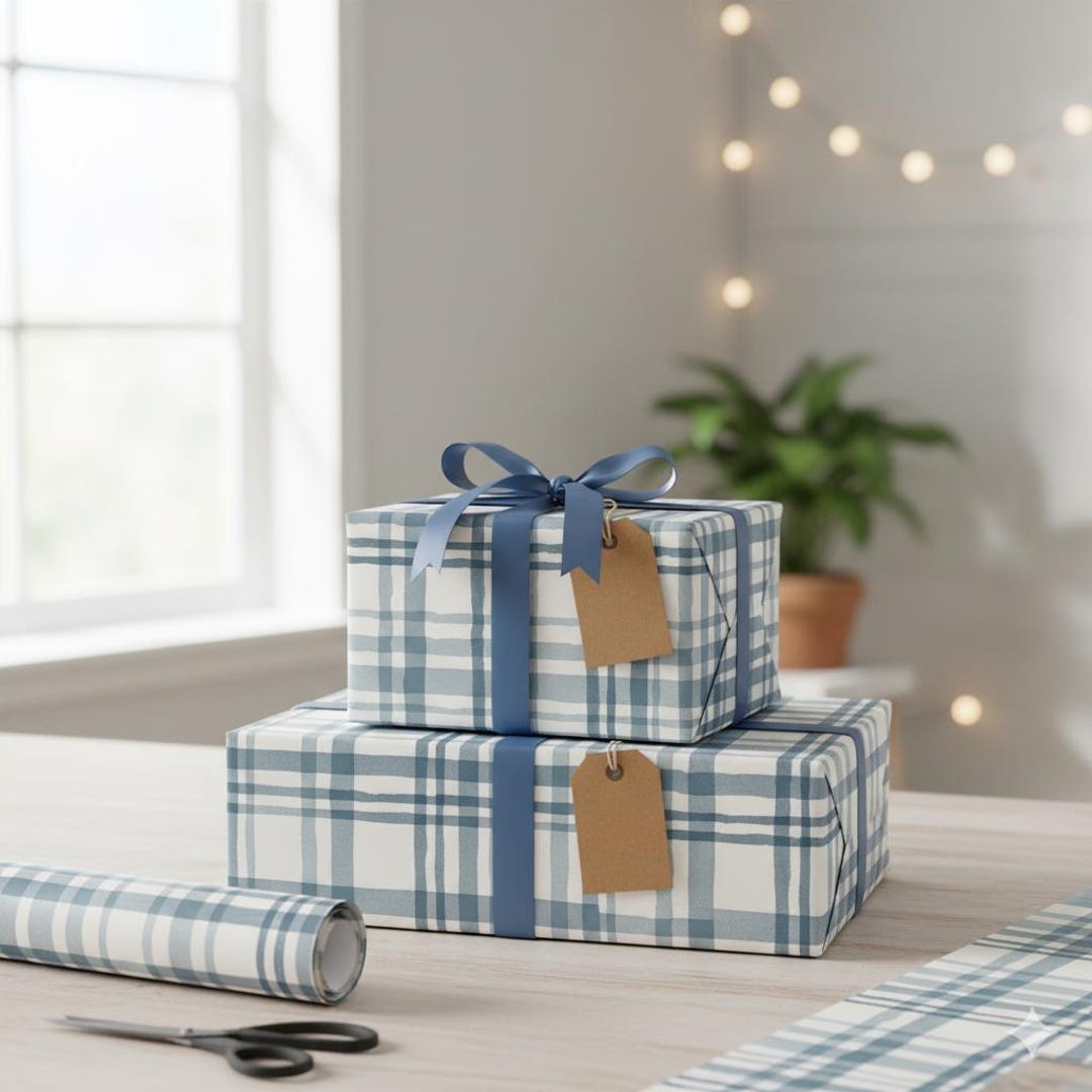 Blue Plaid Wrapping Paper, Watercolor Check, Gift Wrap, Stylish ...