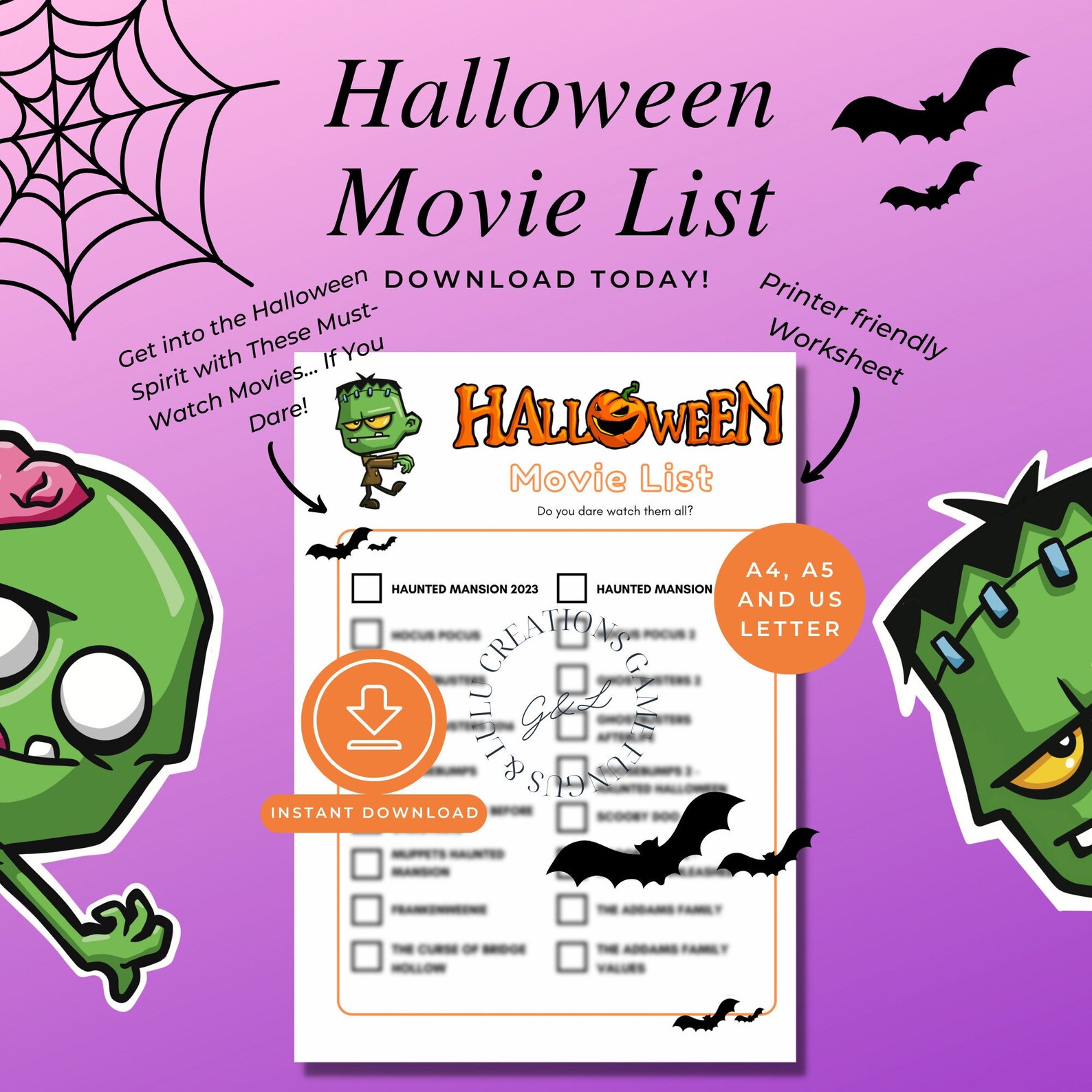 Halloween Kids Movie List Printable PDF, Instant Download, Halloween ...