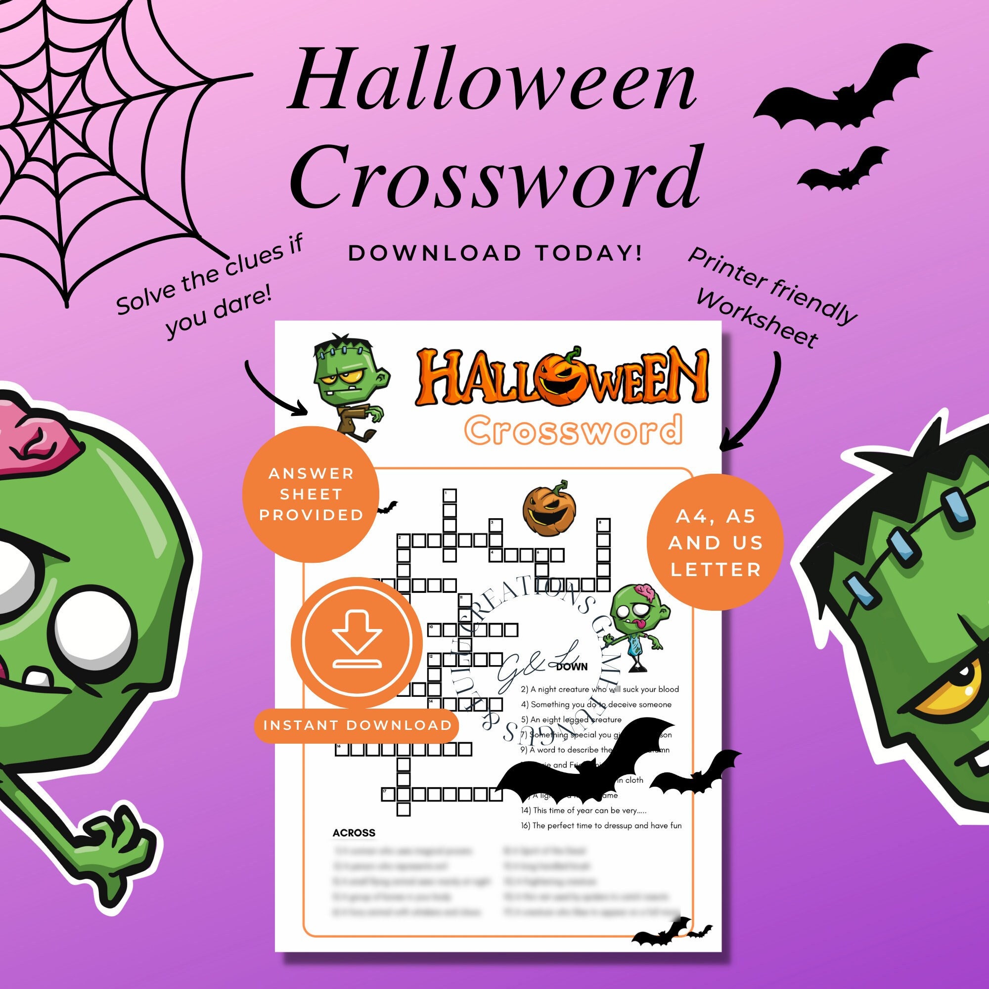 Halloween Crossword Printable, Instant Download, Halloween Fun Games ...