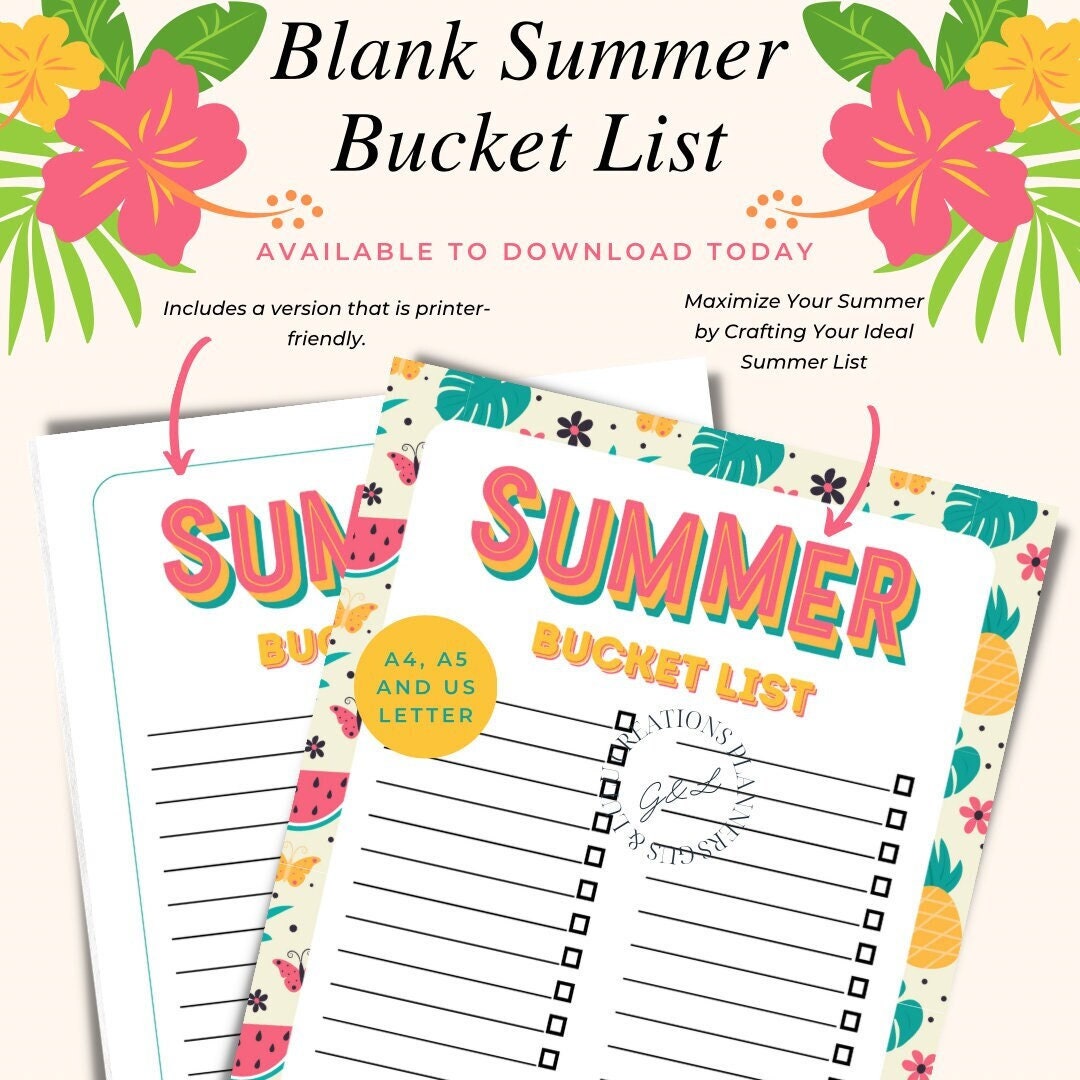Blank Summer Bucket List Printable, Bucket List PDF, Family Bucket List ...