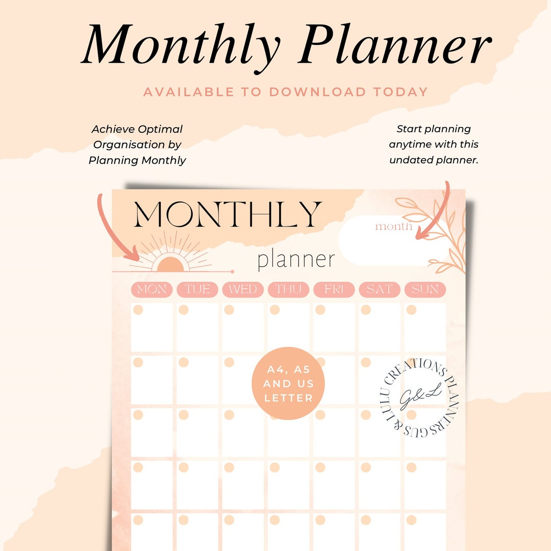 Monthly Planner Printable, Monthly Planner PDF, Printable Organiser ...