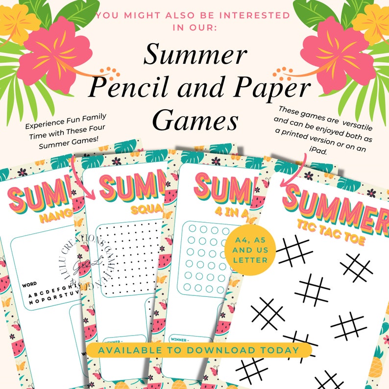 Summer Pencil and Paper Games Printable, Party Games PDF, Summer ...