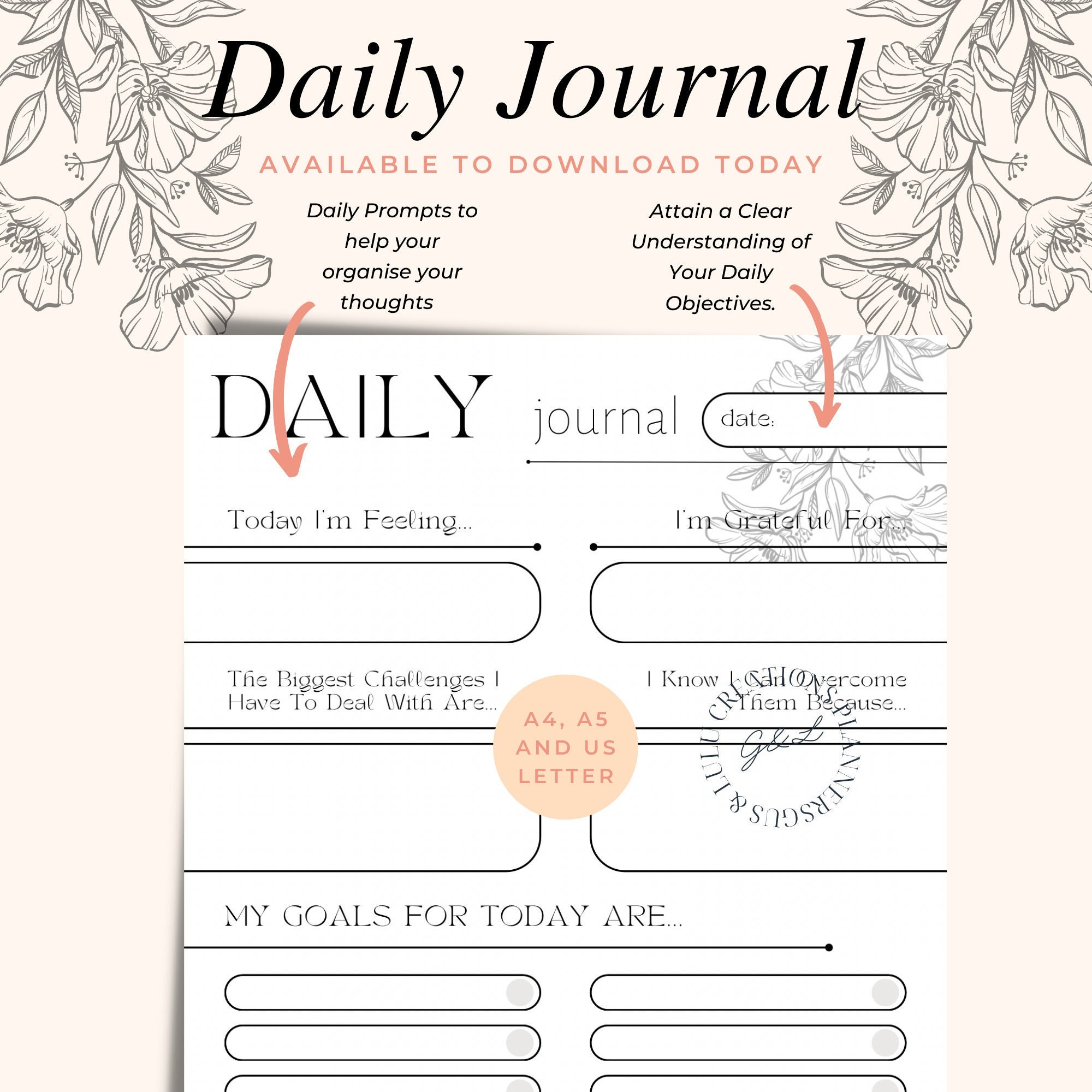Daily Journal Printable, Daily Journal PDF, Gratitude Journal ...