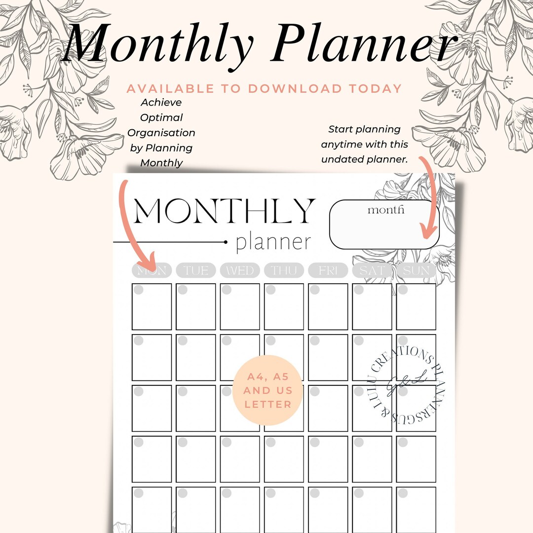 Monthly Planner Printable, Monthly Planner PDF, Printable Organiser ...