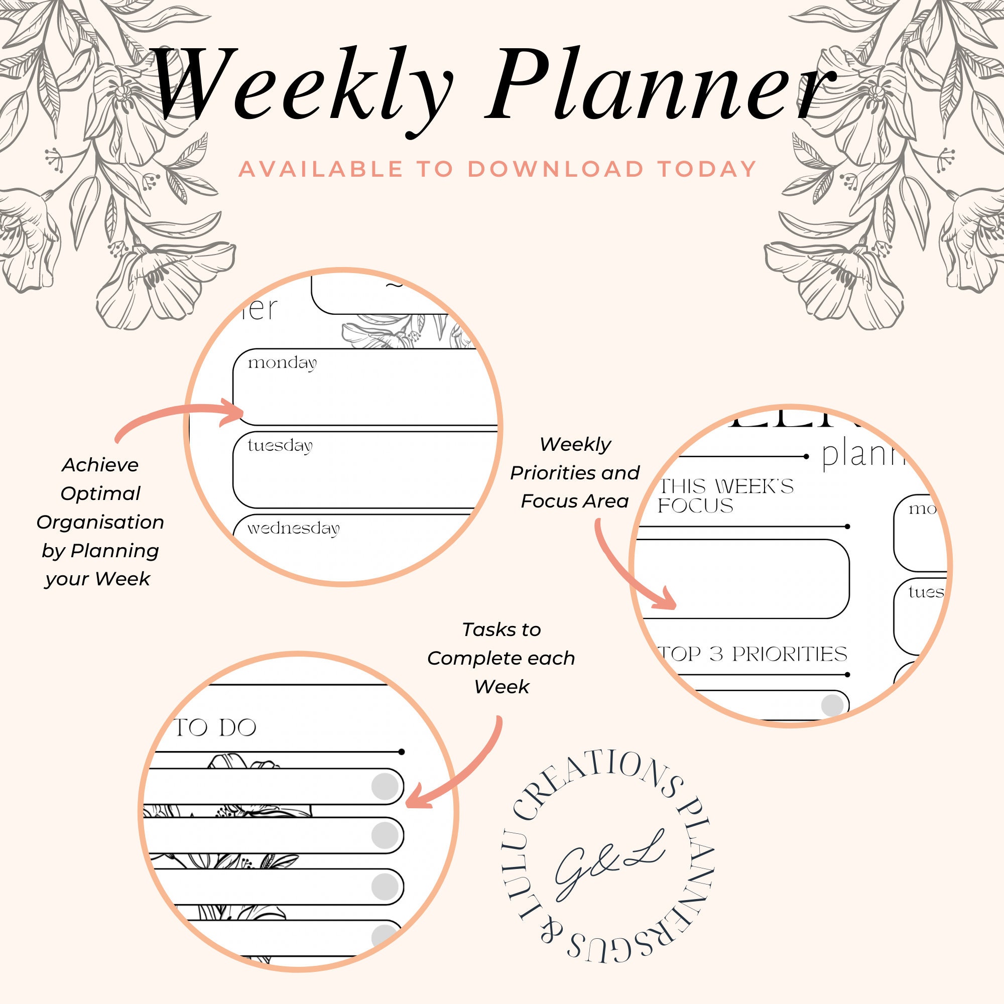 Weekly Planner Printable, Weekly Planner PDF, Printable Organiser ...