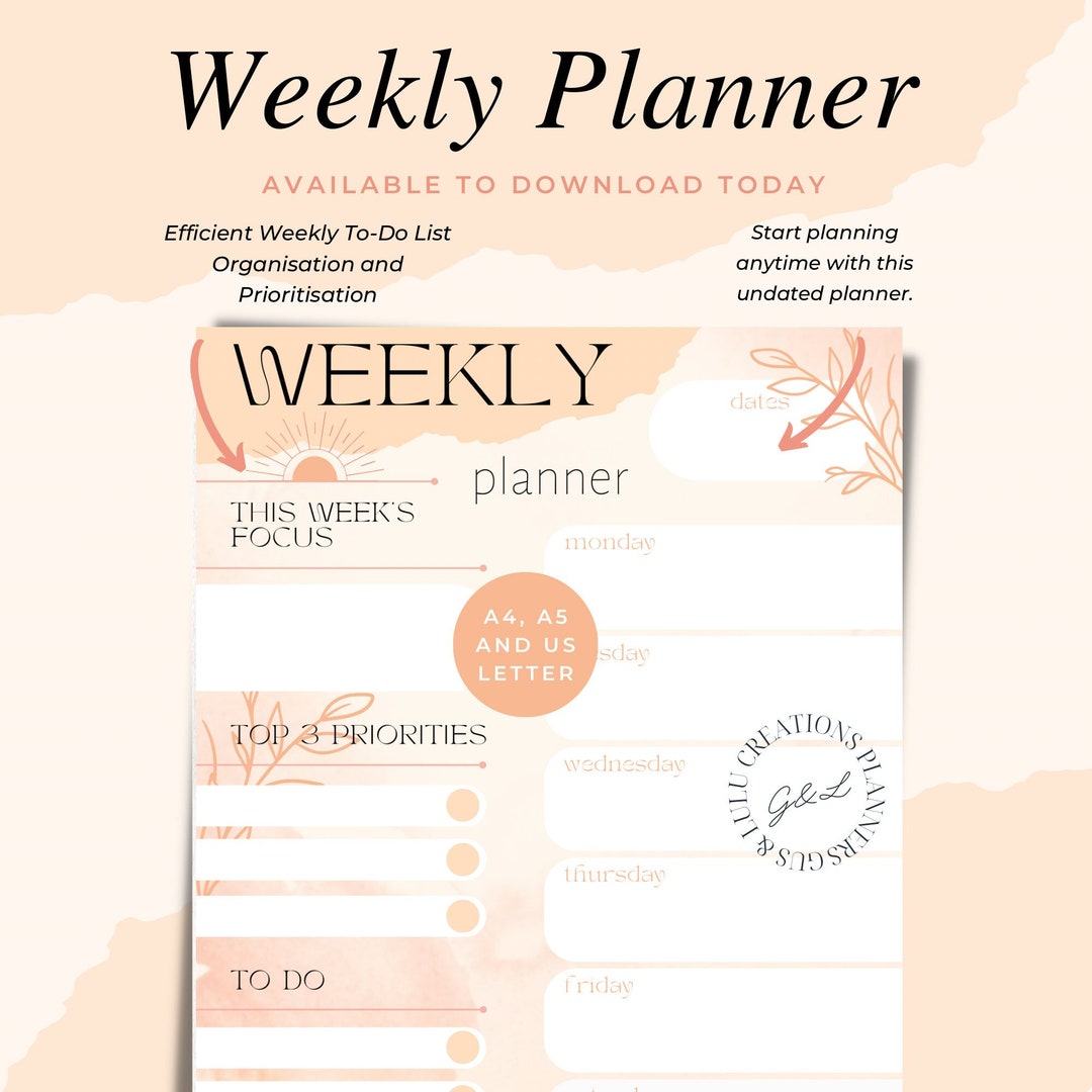 Weekly Planner Printable, Weekly Planner PDF, Printable Organiser ...