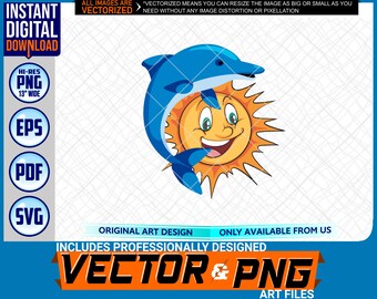 Dolphin Sun Splash Printable Full Color Logo Graphic Design Element ...