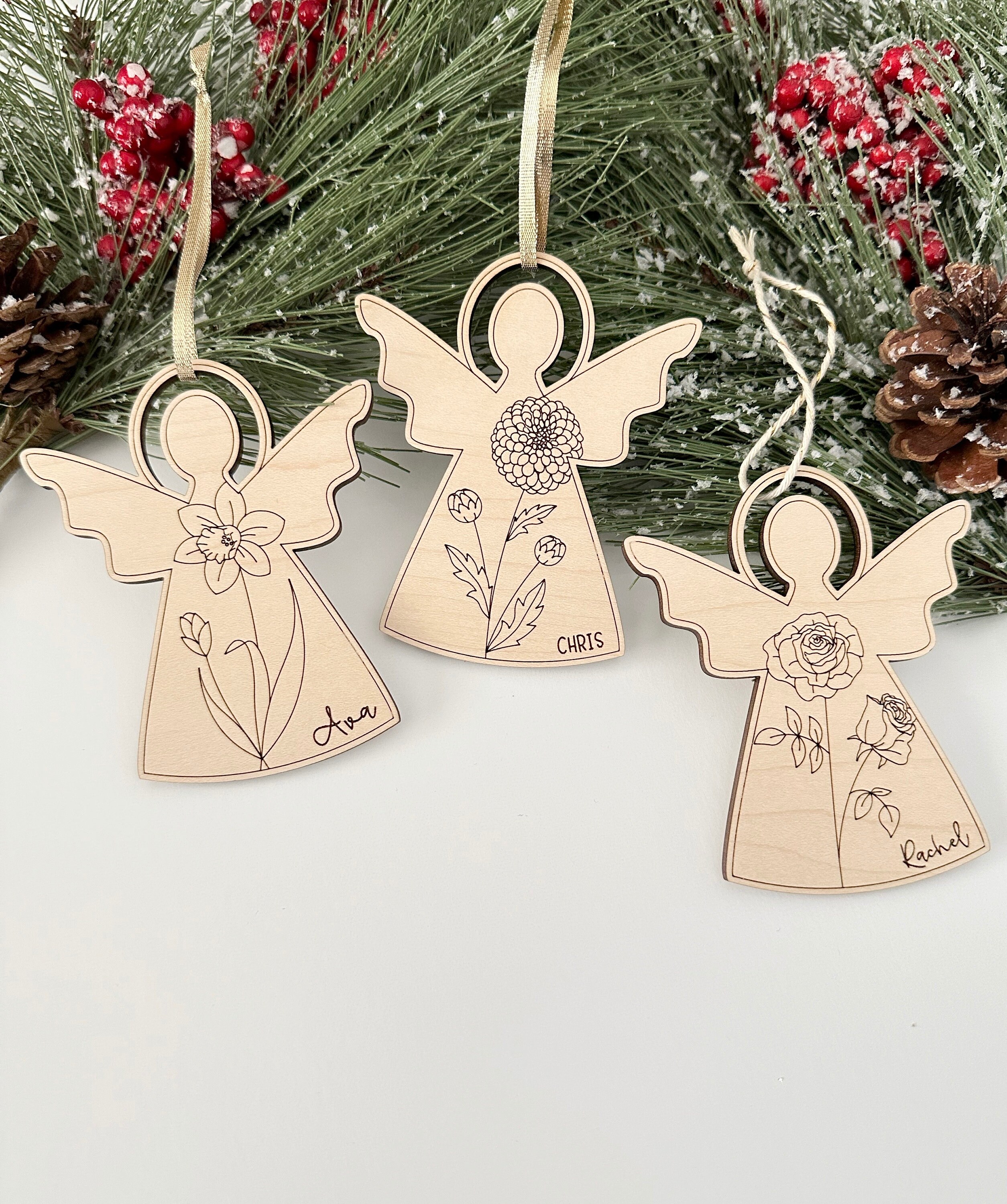 Personalized Angel Christmas Ornament: Birth Month Flower, Engraved ...