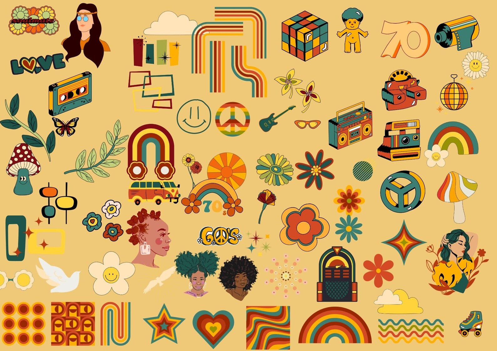 72 RETRO 70'S Vibes Digital Clipart Set Instant - Etsy