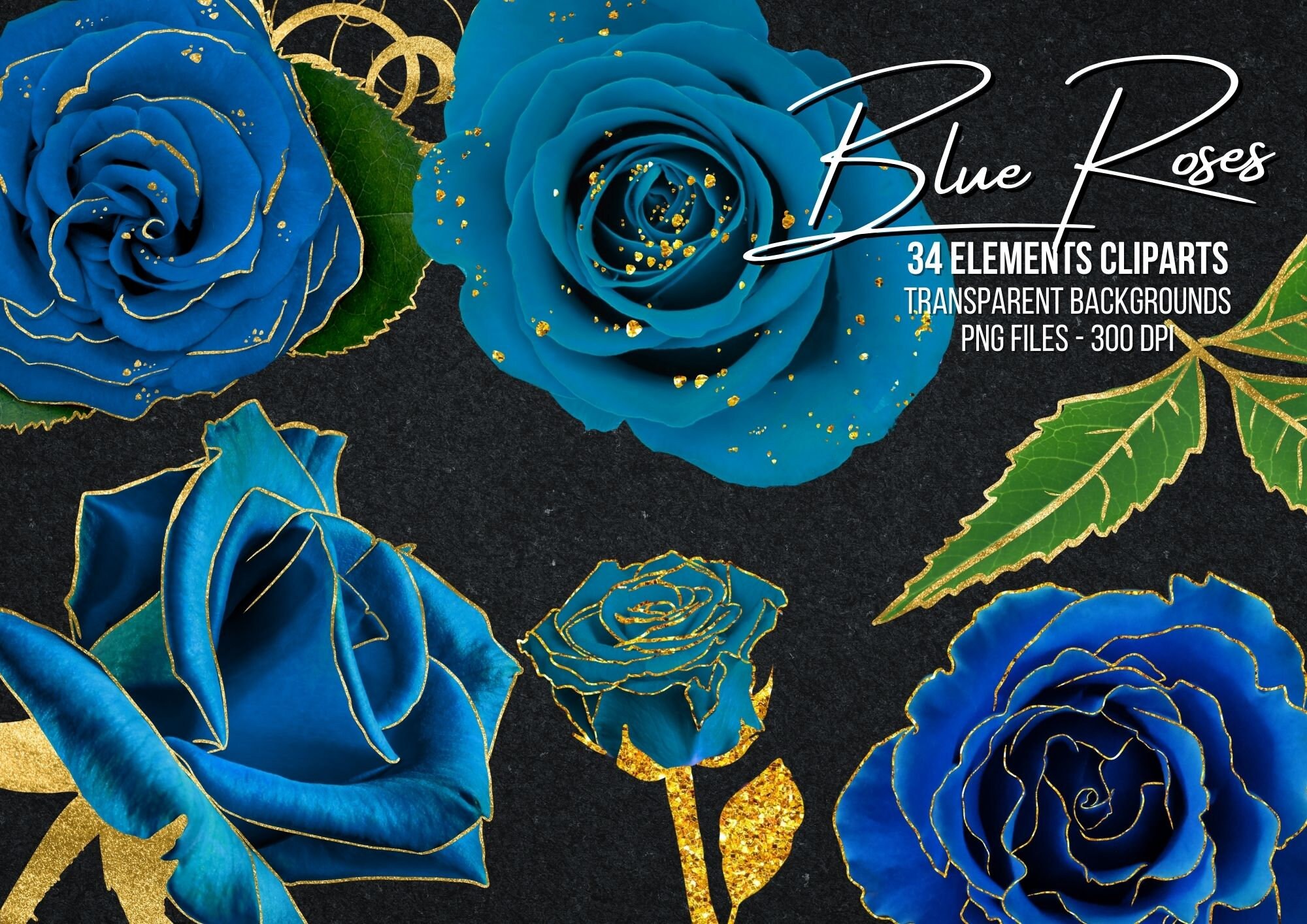 Blue and Gold Floral Clip Art Clipart ,instant Download, 22 Transparent ...