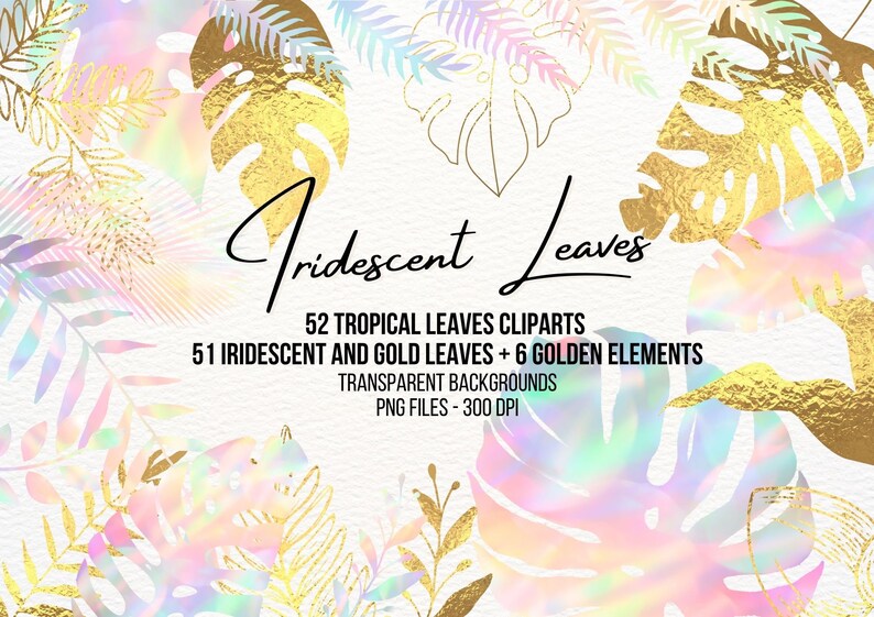 Iridescent Tropical Leaves Clipart,instant Download, Rainbow Foil ...