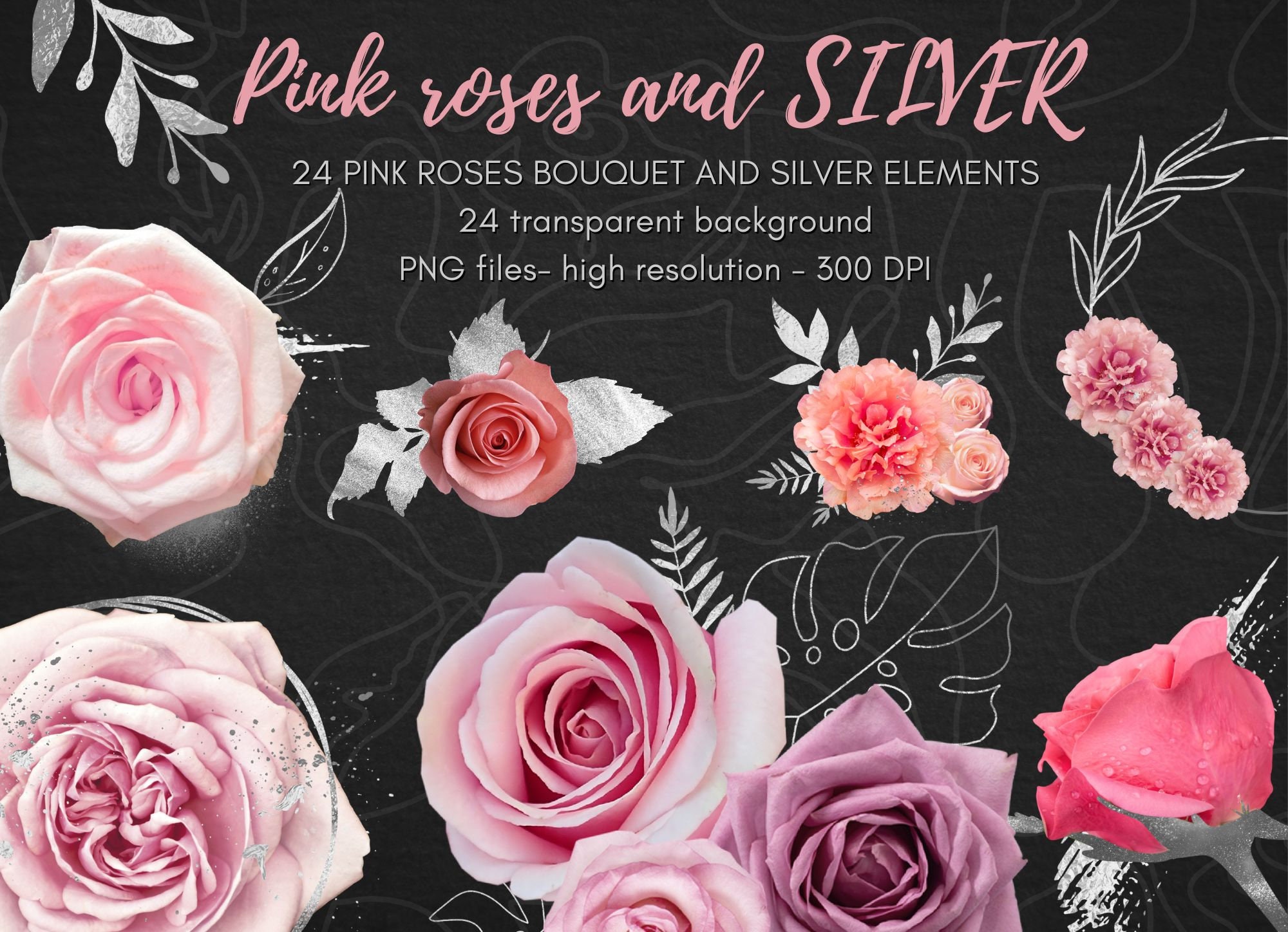 Pink and Silver Floral Clip Art Clipart ,instant Download, 22 ...