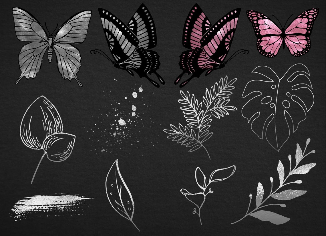 Pink and Silver Floral Clip Art Clipart instant Download 22 - Etsy