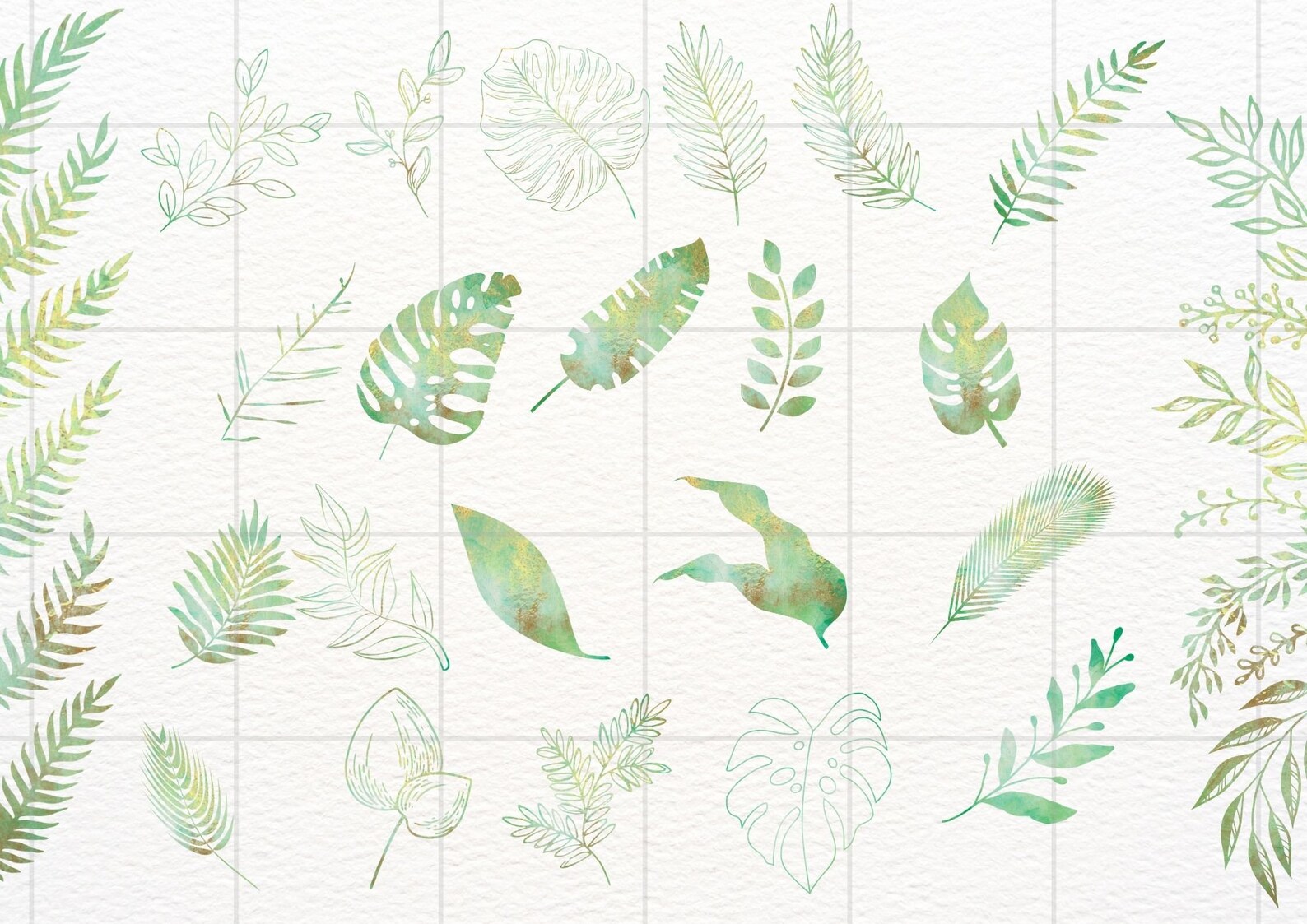 Green and Gold Tropical Leaves Clipart ,instant Download, 54 PNG ...