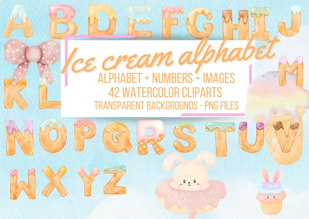 ICE CREAM Alphabet Clip Art, Handrawn, Instant Download, 42 Cliparts ...