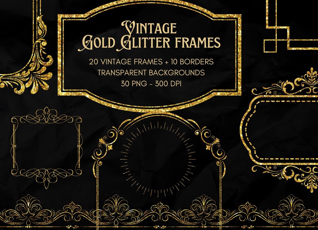 GOLD Glitter VINTAGE FRAMES, Instant Download, 30 Png, Frame Clipart ...