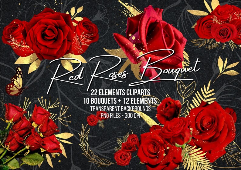 Red and Gold Floral Clip Art Clipart instant Download 22 - Etsy