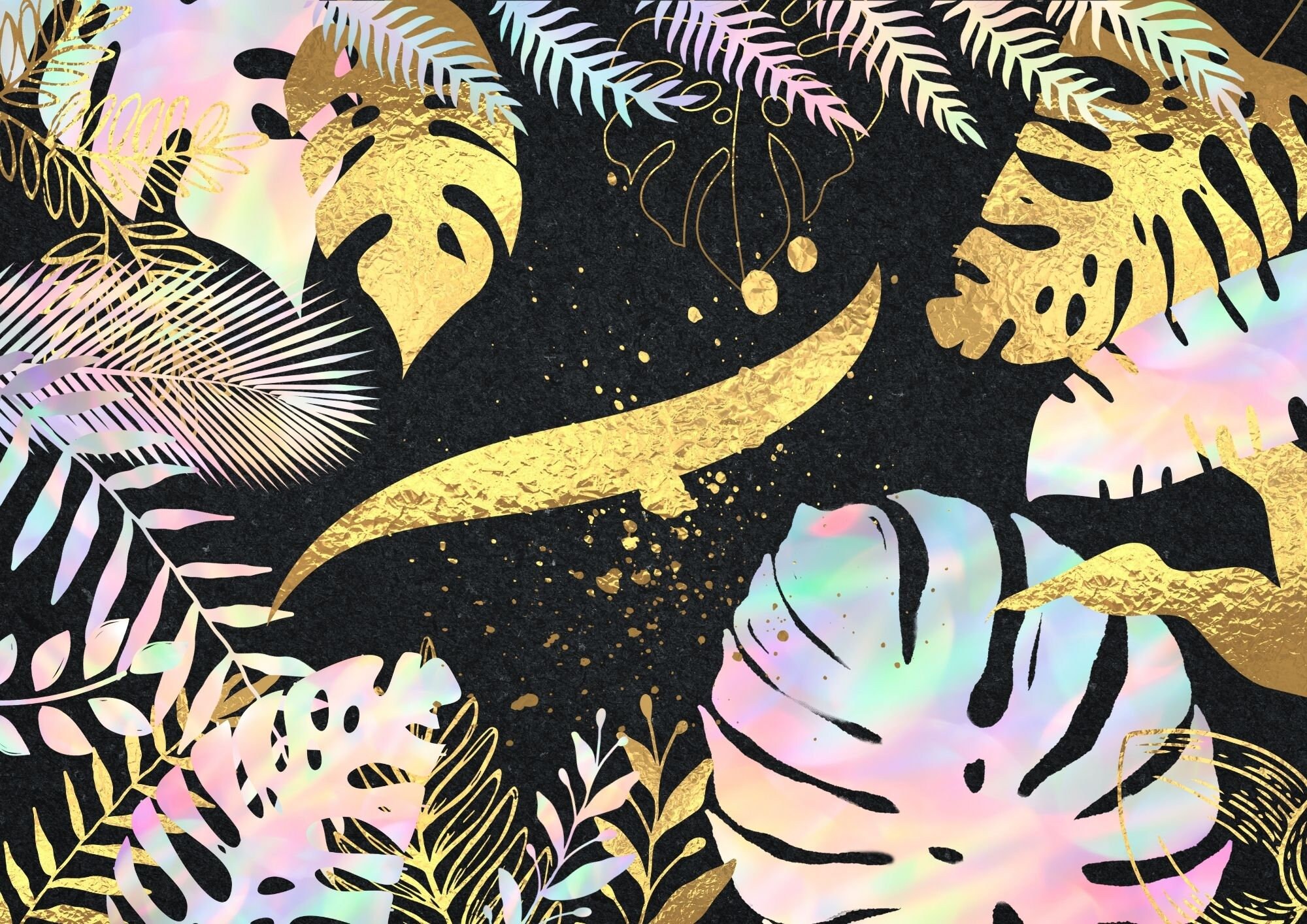 Iridescent Tropical Leaves Clipart,instant Download, Rainbow Foil ...