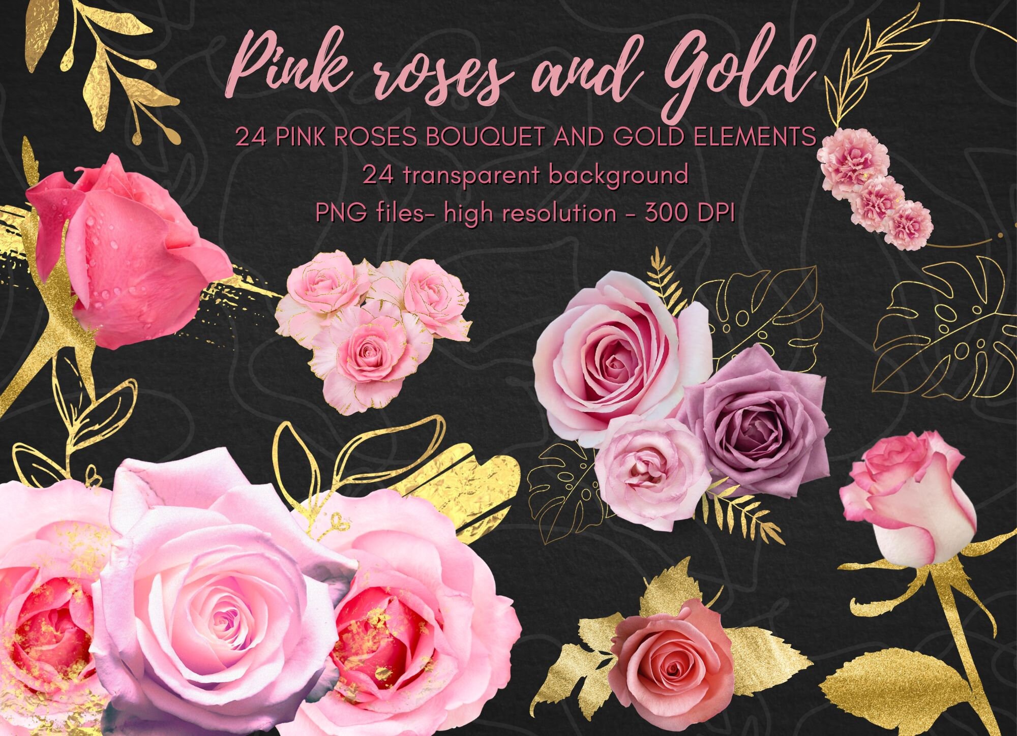 Pink and Gold Floral Clip Art Clipart ,instant Download, 22 Transparent ...