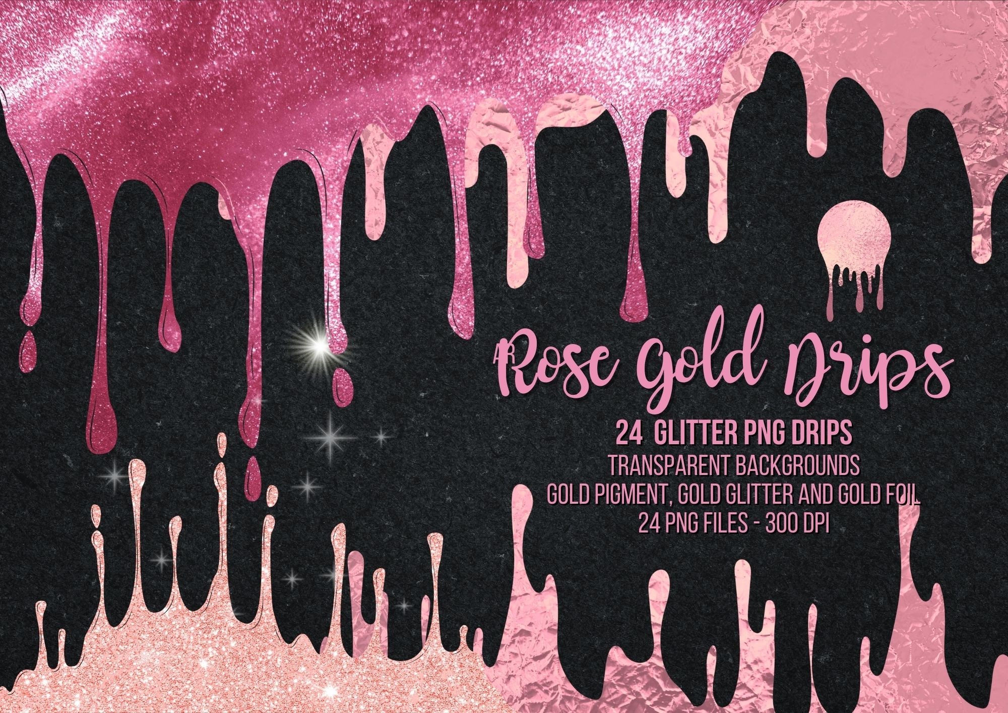 24 Dripping Rose Gold Clipart, Instant Download, Sparkling Glitter PNG ...