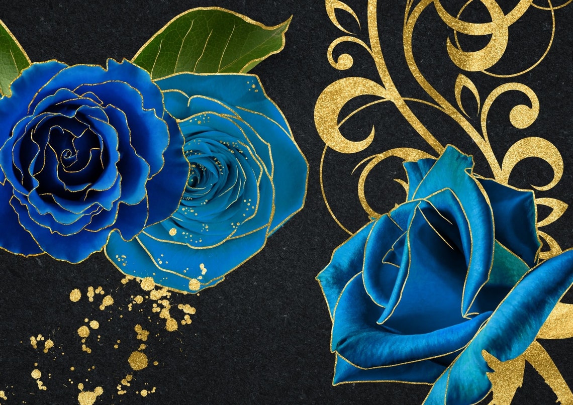 Blue and Gold Floral Clip Art Clipart ,instant Download, 22 Transparent ...