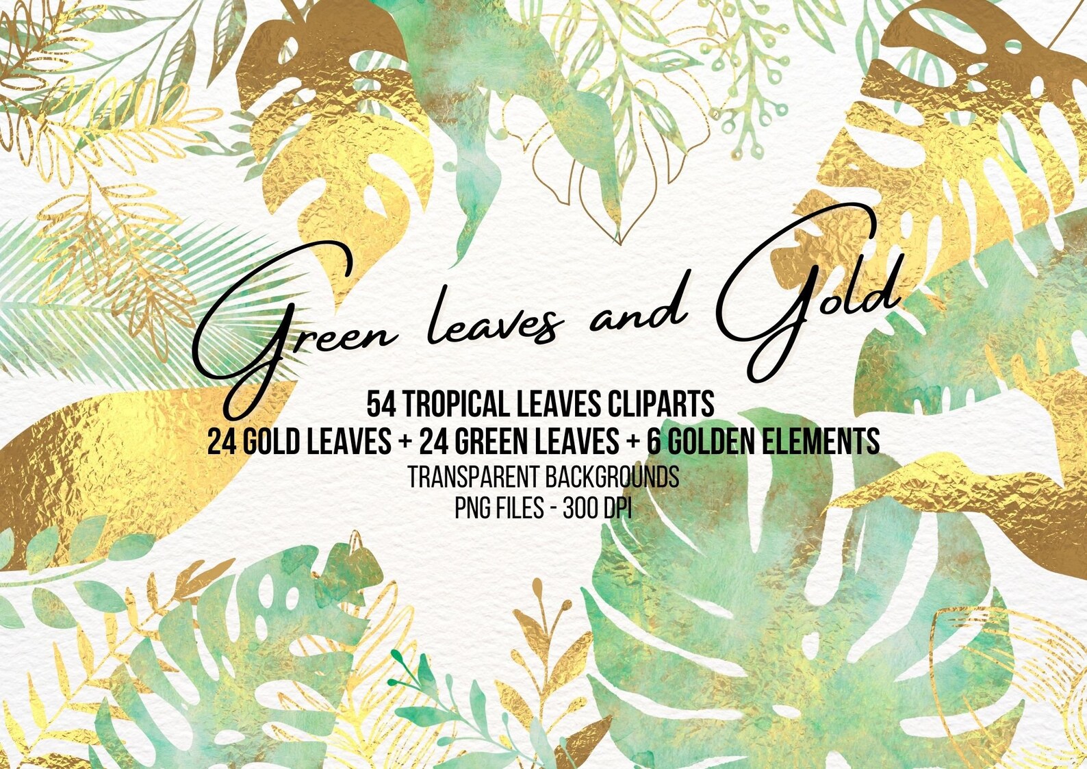 Green and Gold Tropical Leaves Clipart ,instant Download, 54 PNG ...