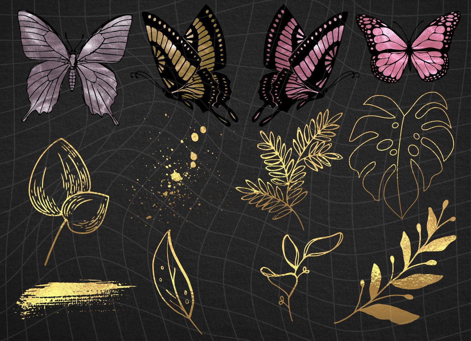 Pink and Gold Floral Clip Art Clipart instant Download 22 - Etsy