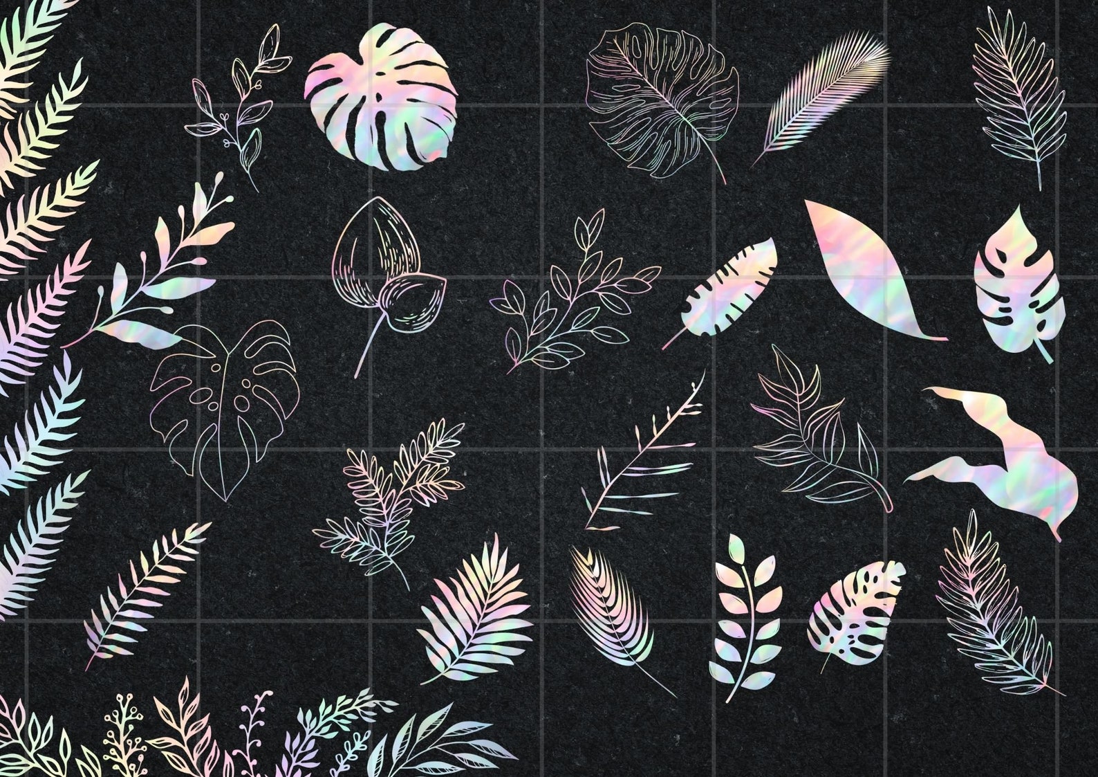 Iridescent Tropical Leaves Clipart,instant Download, Rainbow Foil ...