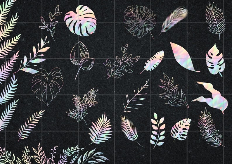 Iridescent Tropical Leaves Clipart,instant Download, Rainbow Foil ...