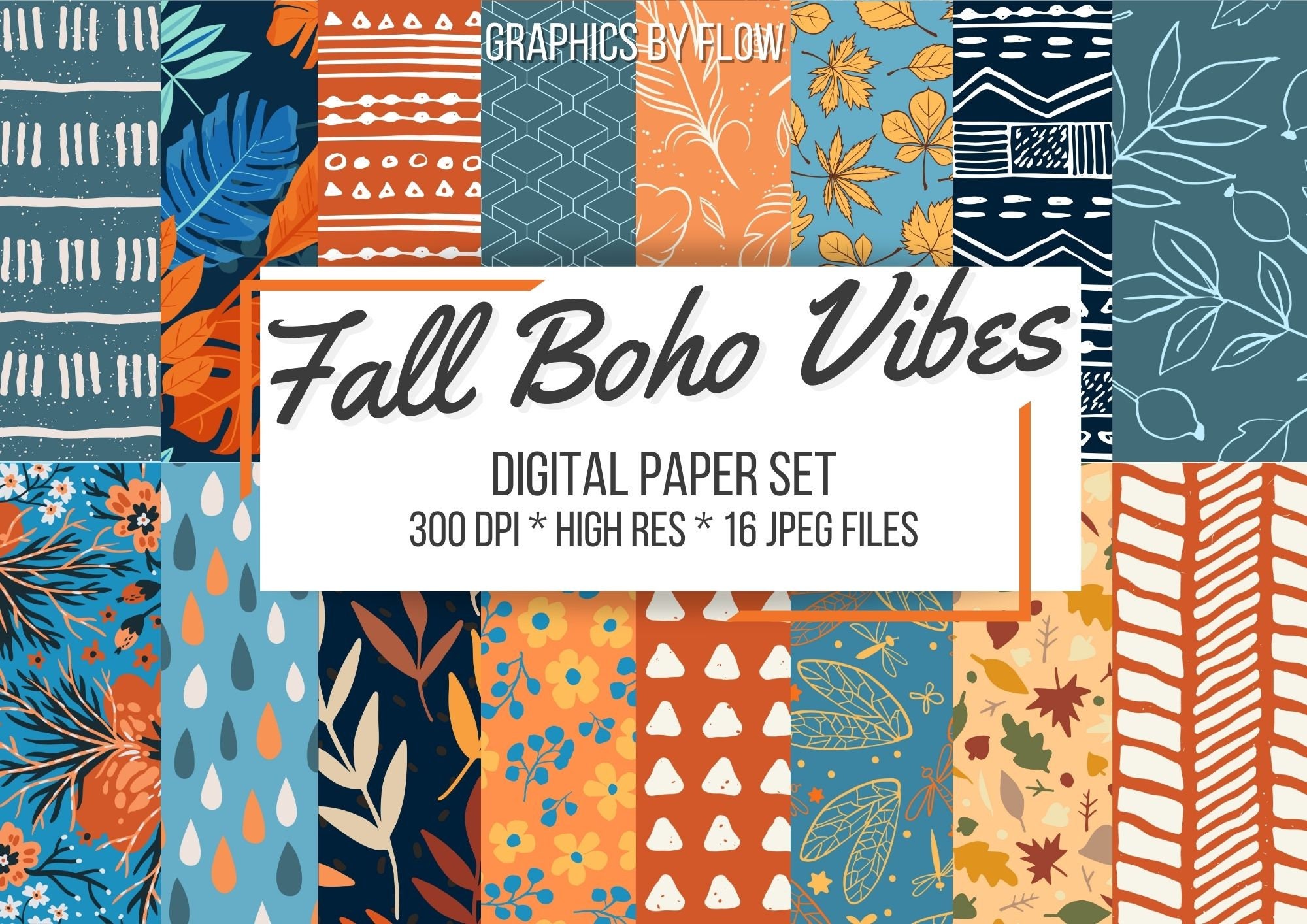 Blue Orange Digital Paper Set, High Res, 300 DPI, Abstract Patterns ...