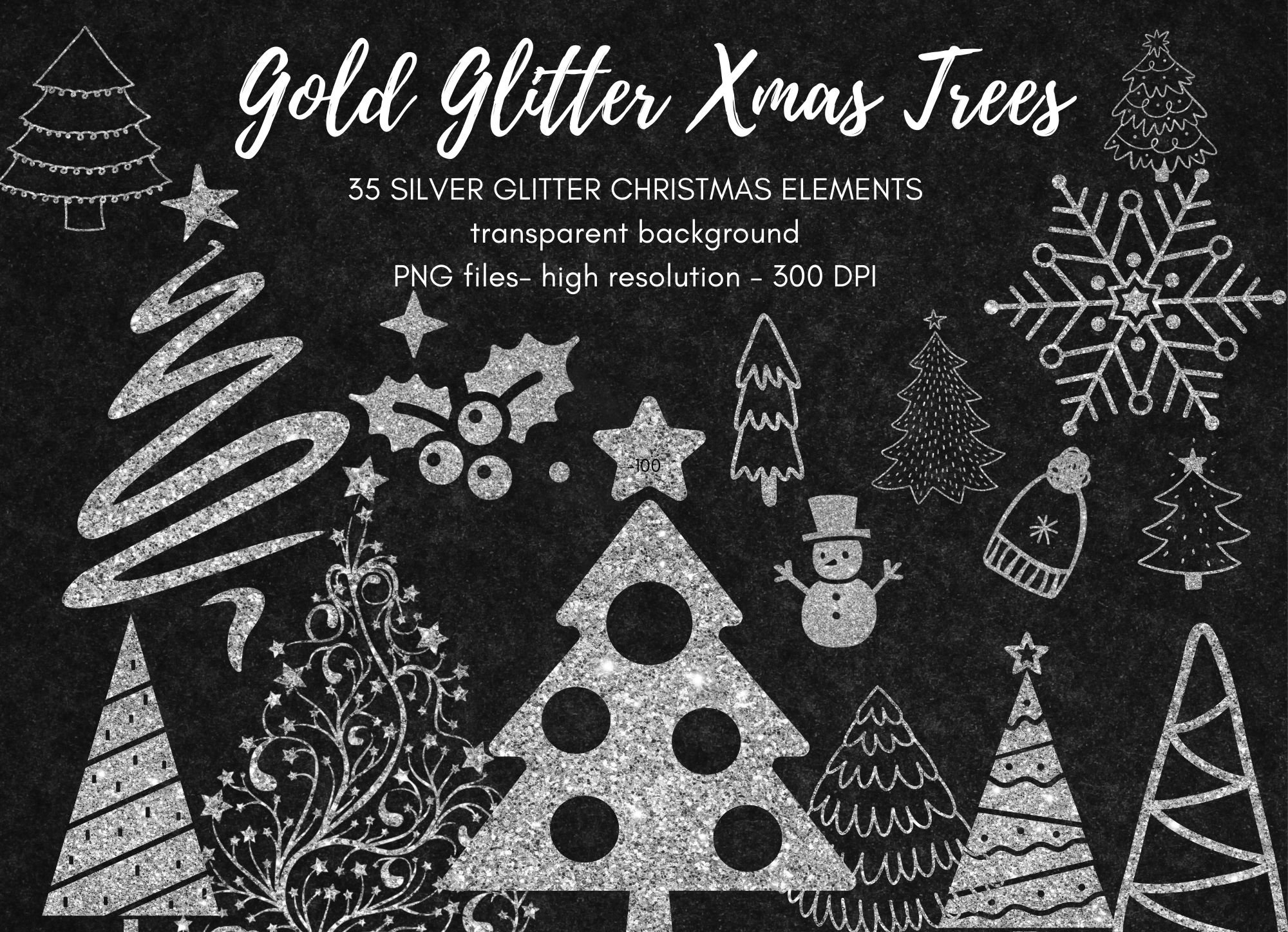 SILVER Glitter CHRISTMAS TREE, Instant Download, 35 Transparent Png ...