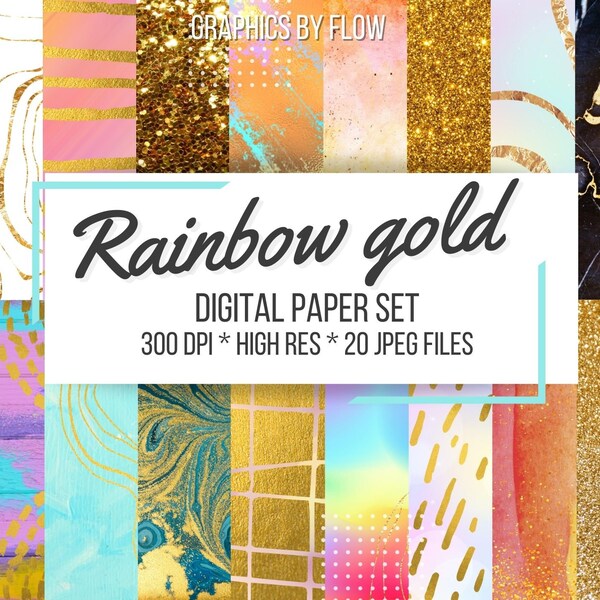 Rainbow Gold Digital Paper, Pastel Digital Paper, Instant Download, 20 ...