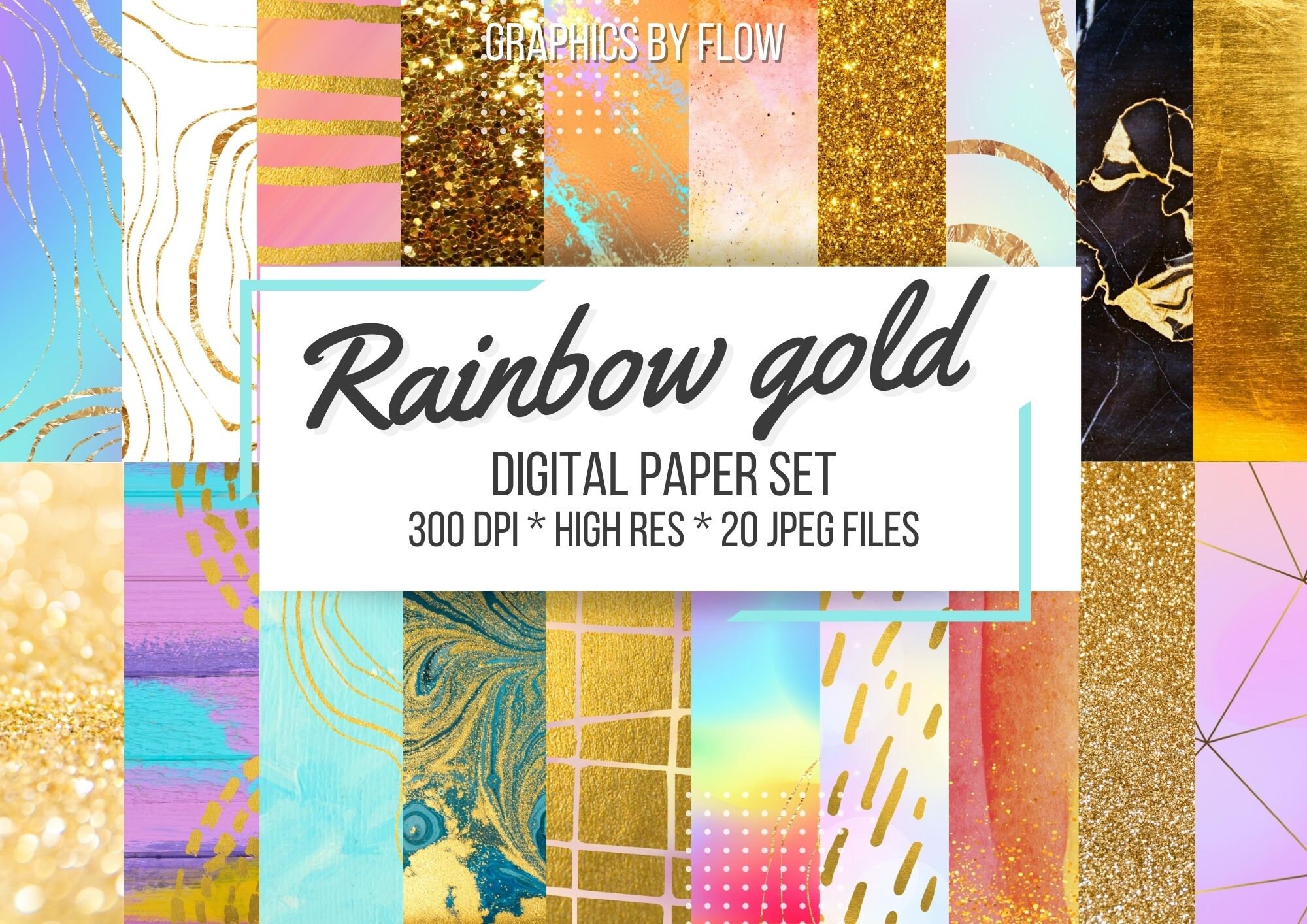 Rainbow Gold Digital Paper, Pastel Digital Paper, Instant Download, 20 ...