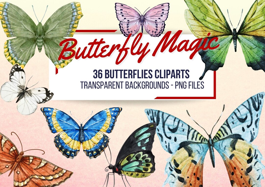 36 WATERCOLOR BUTTERFLIES ,instant Download, 36 Cliparts, Transparent ...