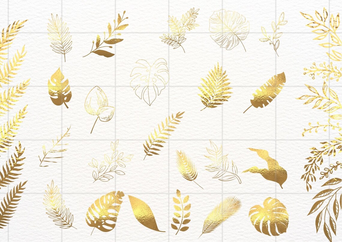 Green and Gold Tropical Leaves Clipart instant Download 54 - Etsy