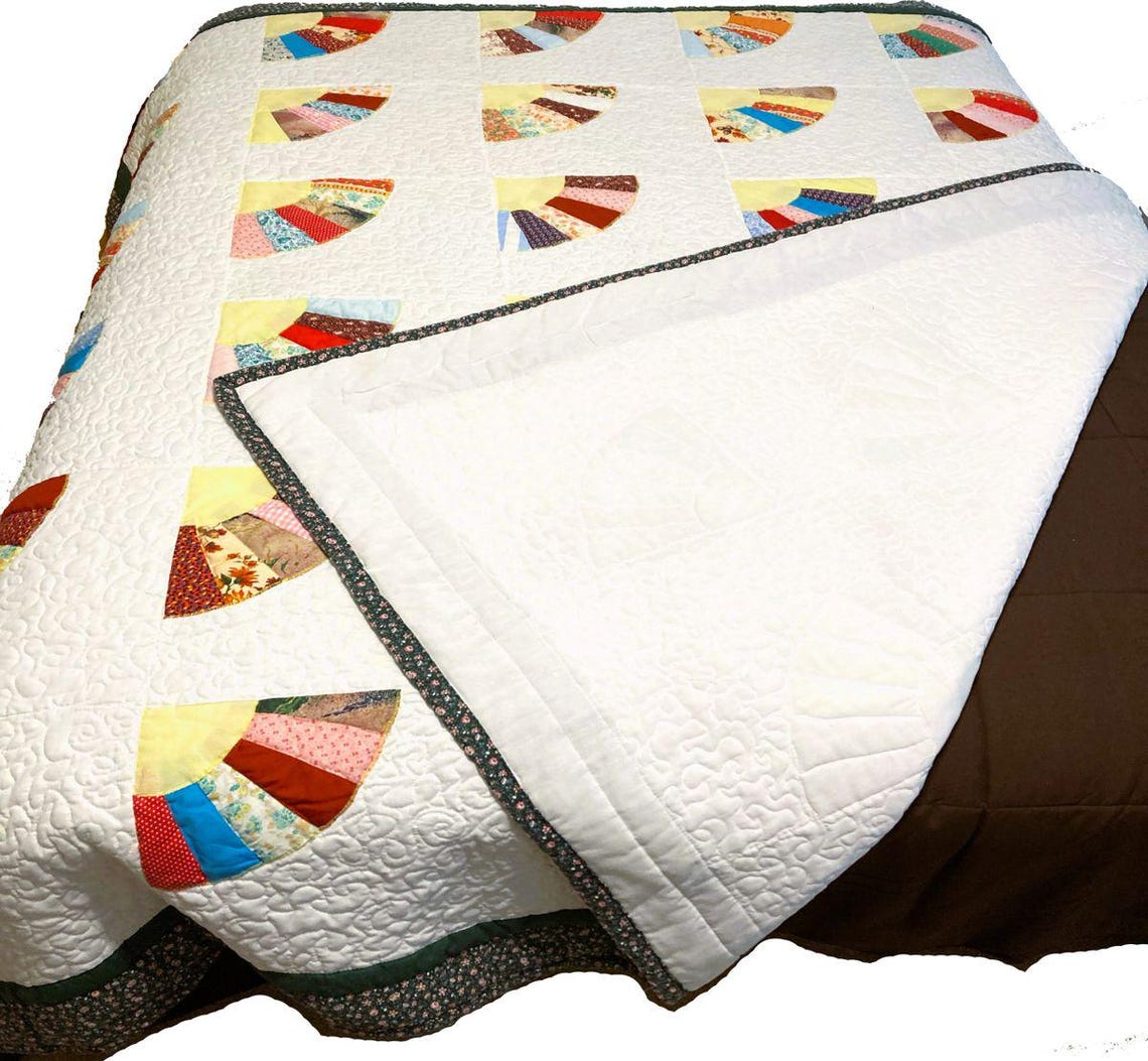 Quilt - Vintage Antique Handmade Fan Pattern Patchwork Bedspread 79 X ...