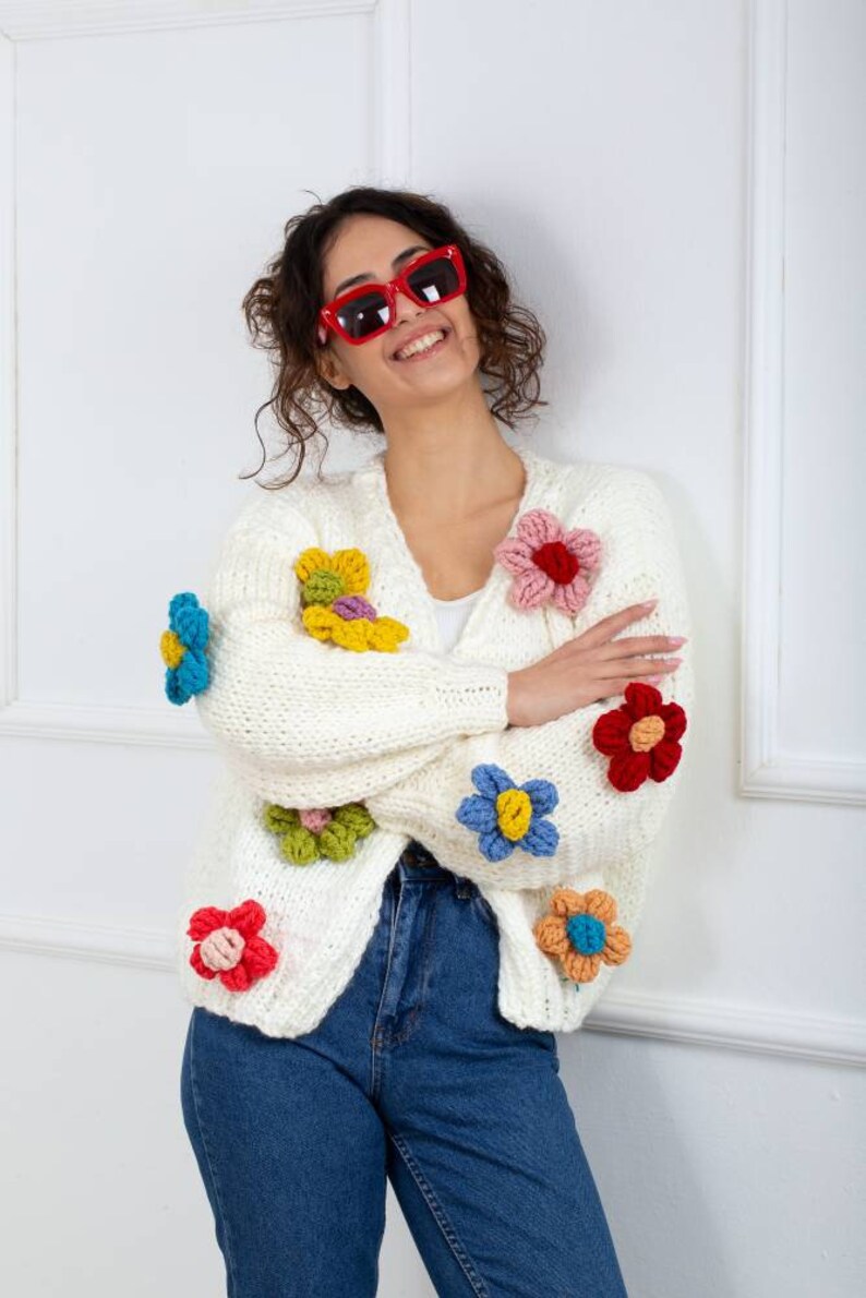 Daisy 3D Embroidery Cardigan, Oversize Women Cardigan, Handmade Gift ...