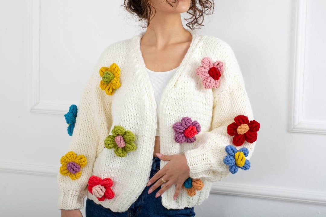 Daisy 3D Embroidery Cardigan, Oversize Women Cardigan, Handmade Gift ...