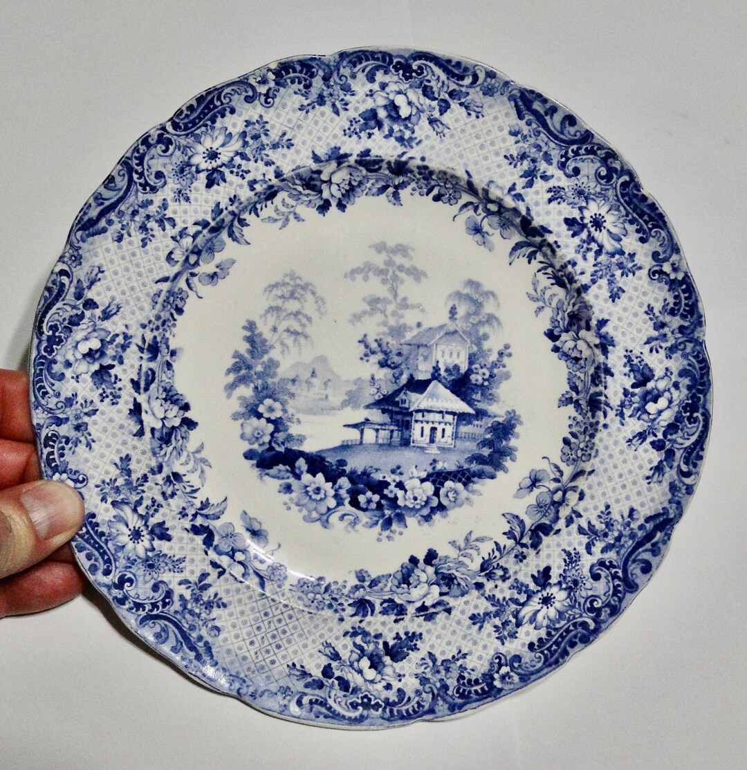 Antique 1800s Improved Stone China Blue & White 8 Plate Rose and Violet ...