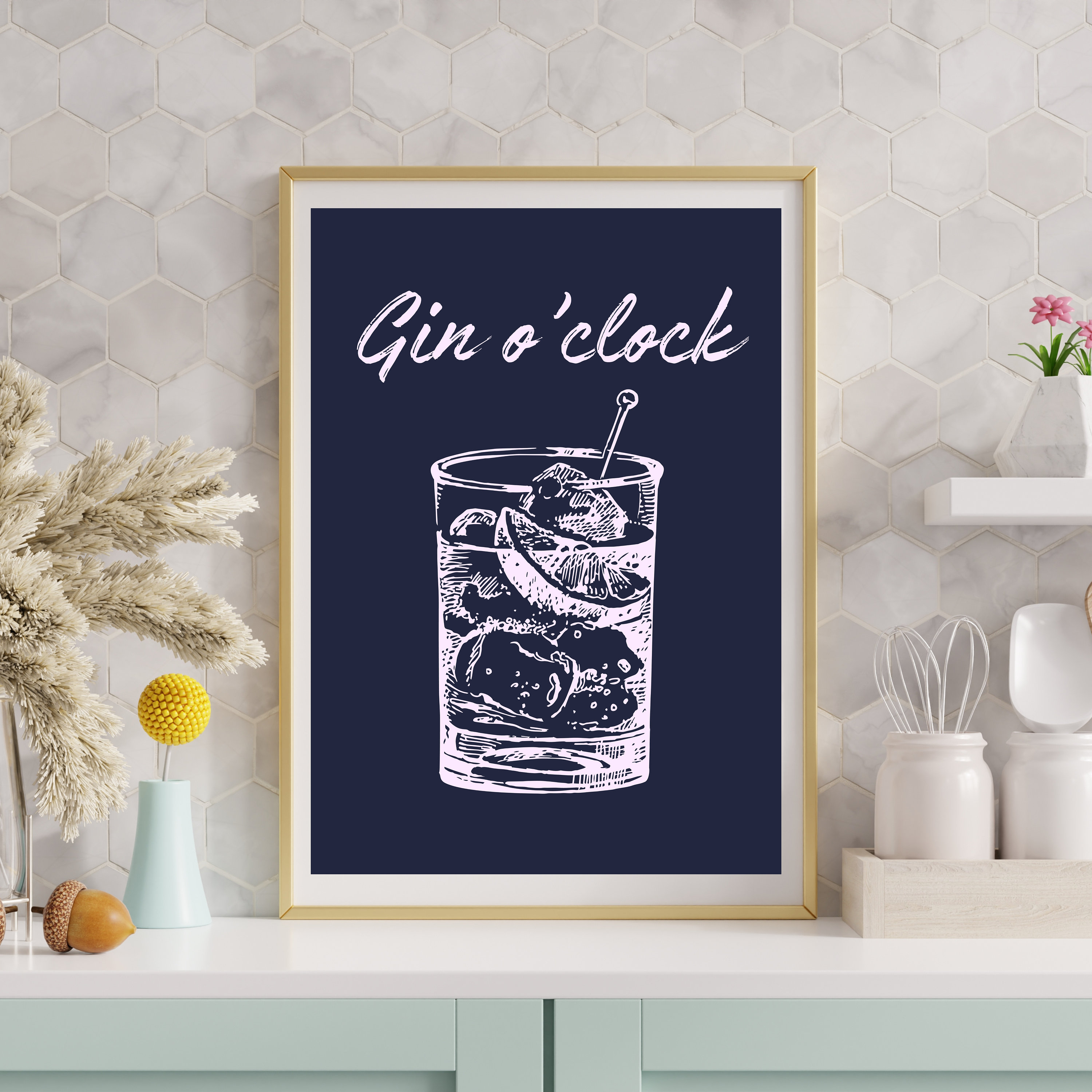 Gin Oclock Cocktail Poster Instant Download Art for Bar Cart Kitchen Wall Decor Mixologist Gift ...