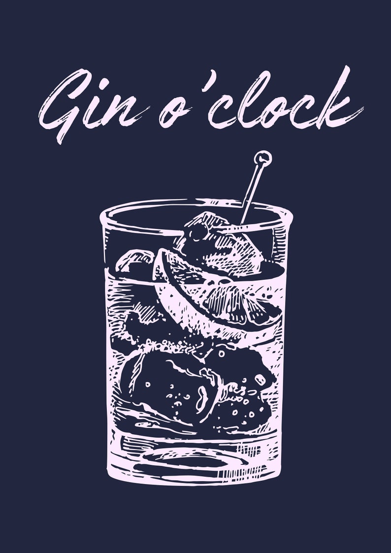 Gin Oclock Cocktail Poster Instant Download Art for Bar Cart Kitchen Wall Decor Mixologist Gift ...